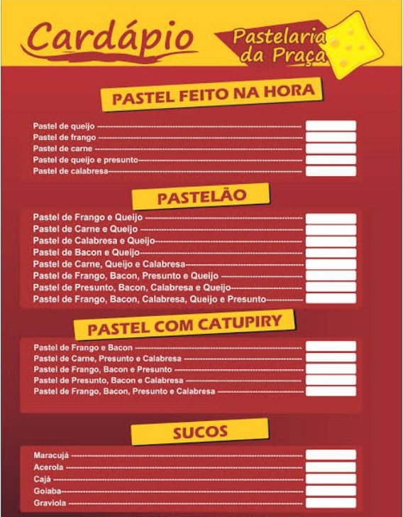 Cardápio de pastel: Ideias para pastelaria ou pastel de feira